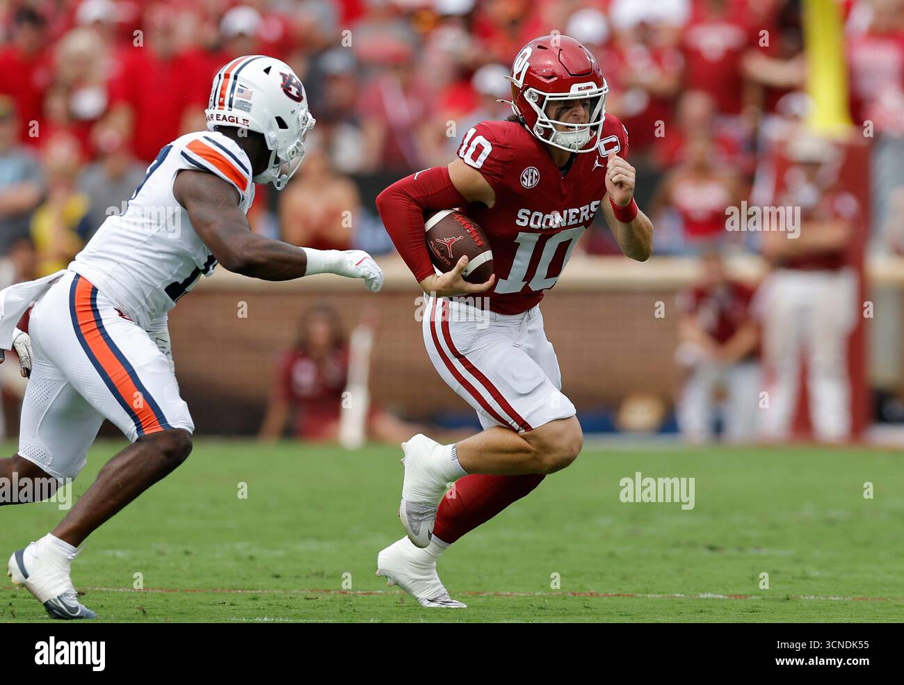 Oklahoma quarterback John Mateer (10) runs the ball for a first down ...