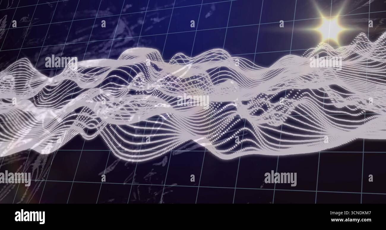 Flowing white dotted mesh wave across 3D grid plane, with world map ...
