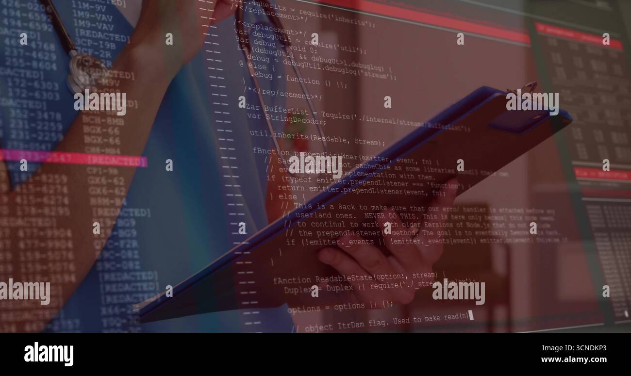 Analyzing code, developer wearing blue shirt and wristwatch holding tablet in office, with ...