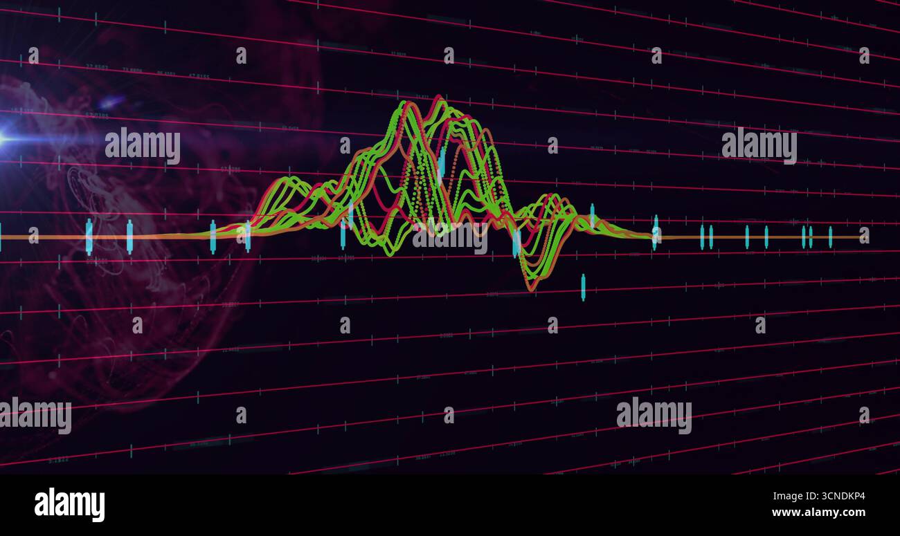 Displaying neon-colored waveforms undulating with sphere and cyan bars ...