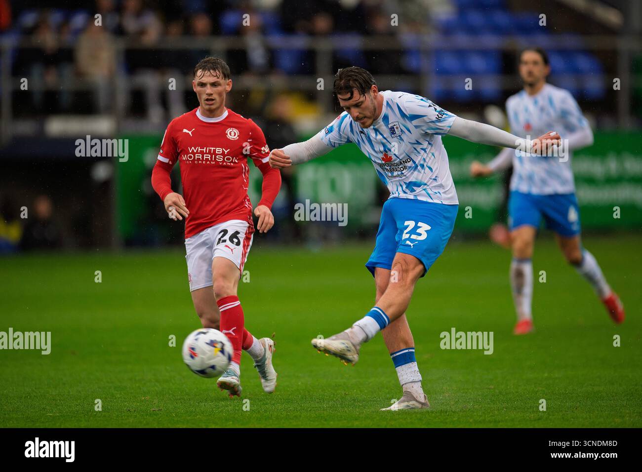 Barrow's Connor Mahoney shoots at goal during the Sky Bet League 2 ...