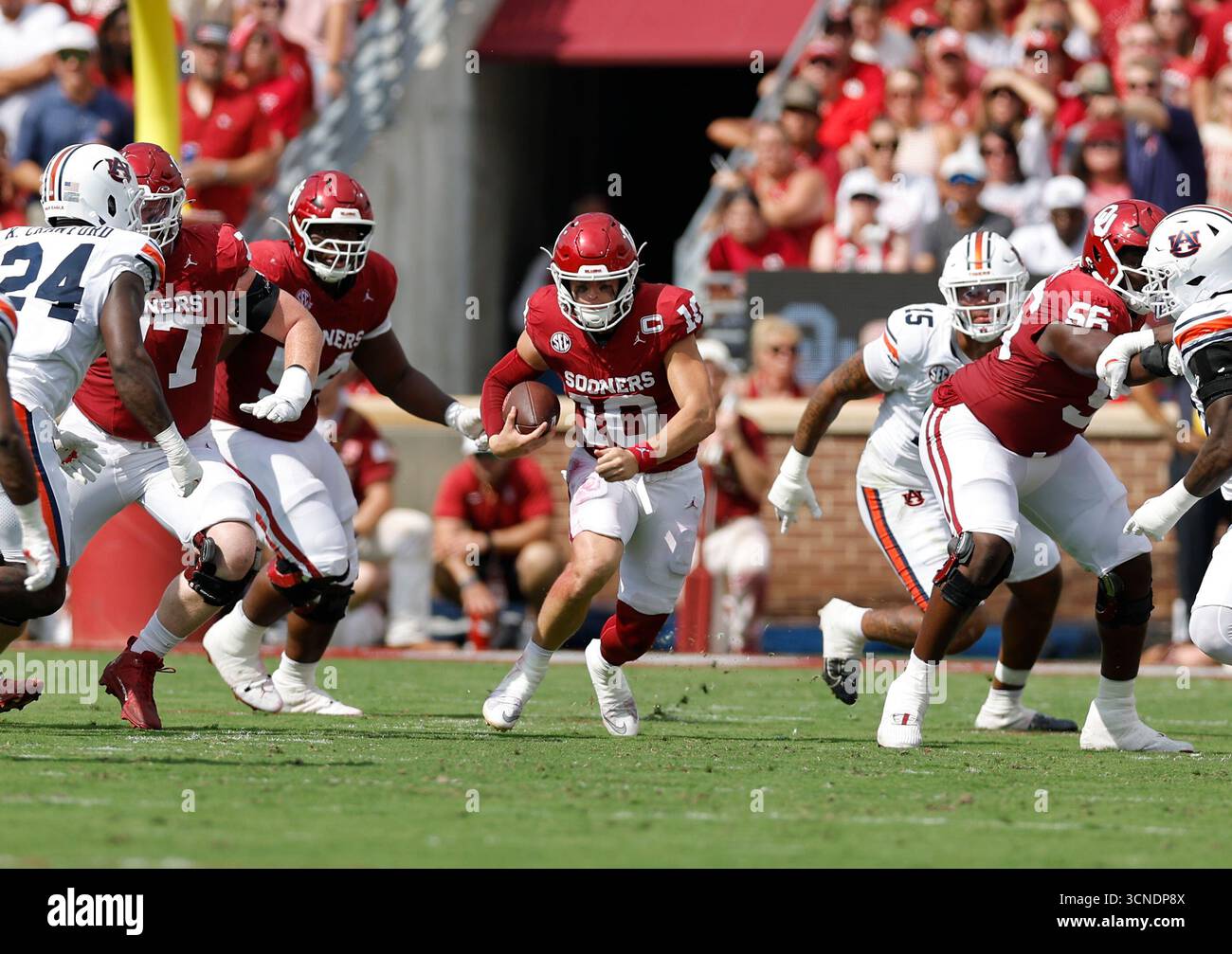 Oklahoma quarterback John Mateer (10) runs the ball for a first down ...