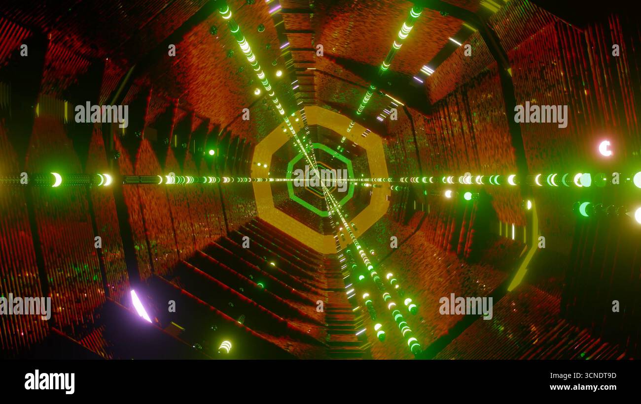 A mesmerizing tunnel filled with bright green and orange lights creates ...