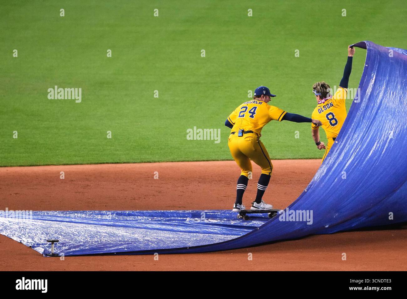 Savannah Bananas pitcher Andy Archer (24) boards through a tarp "wave ...