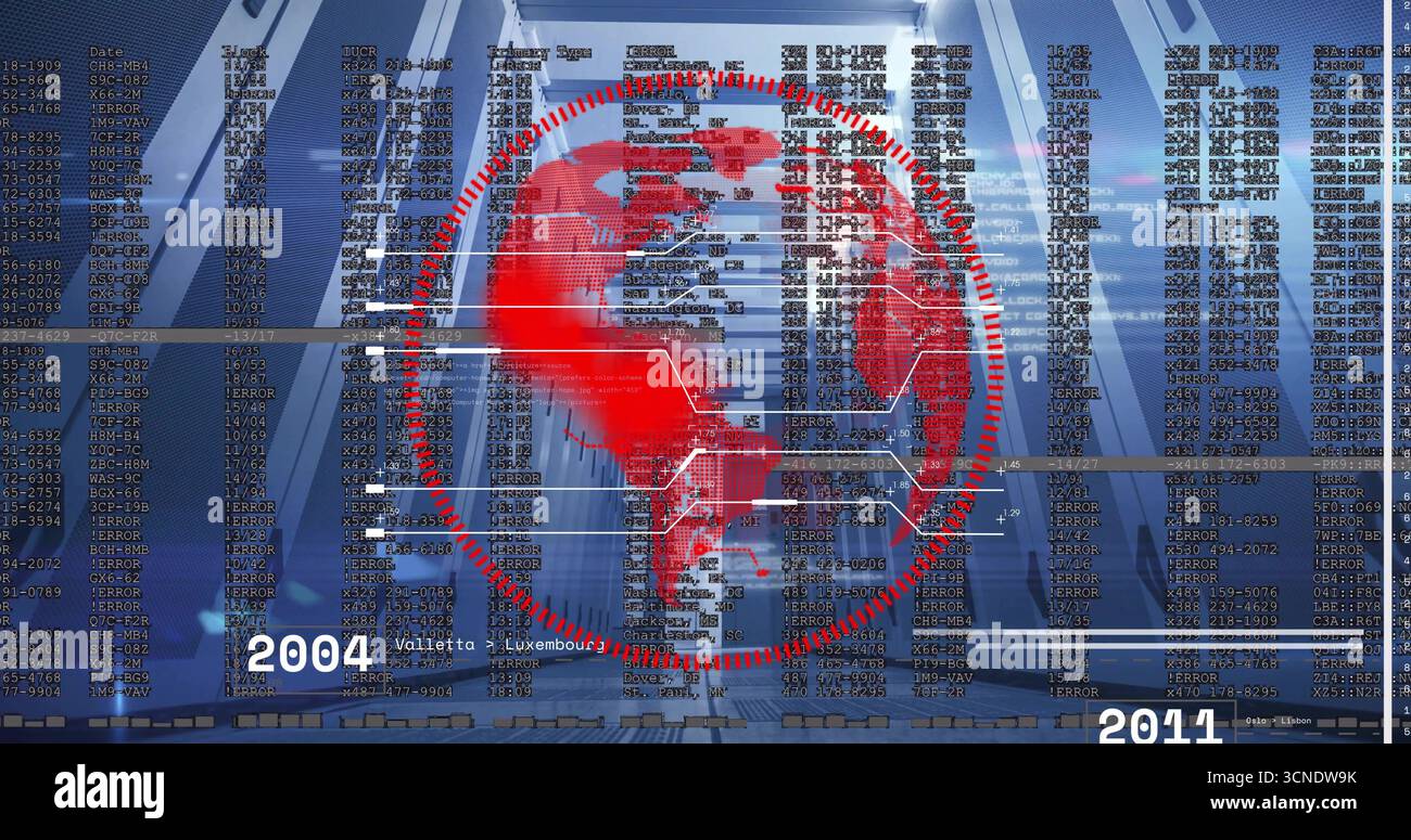 Displaying red globe overlaying data corridor with timeline labels and ...