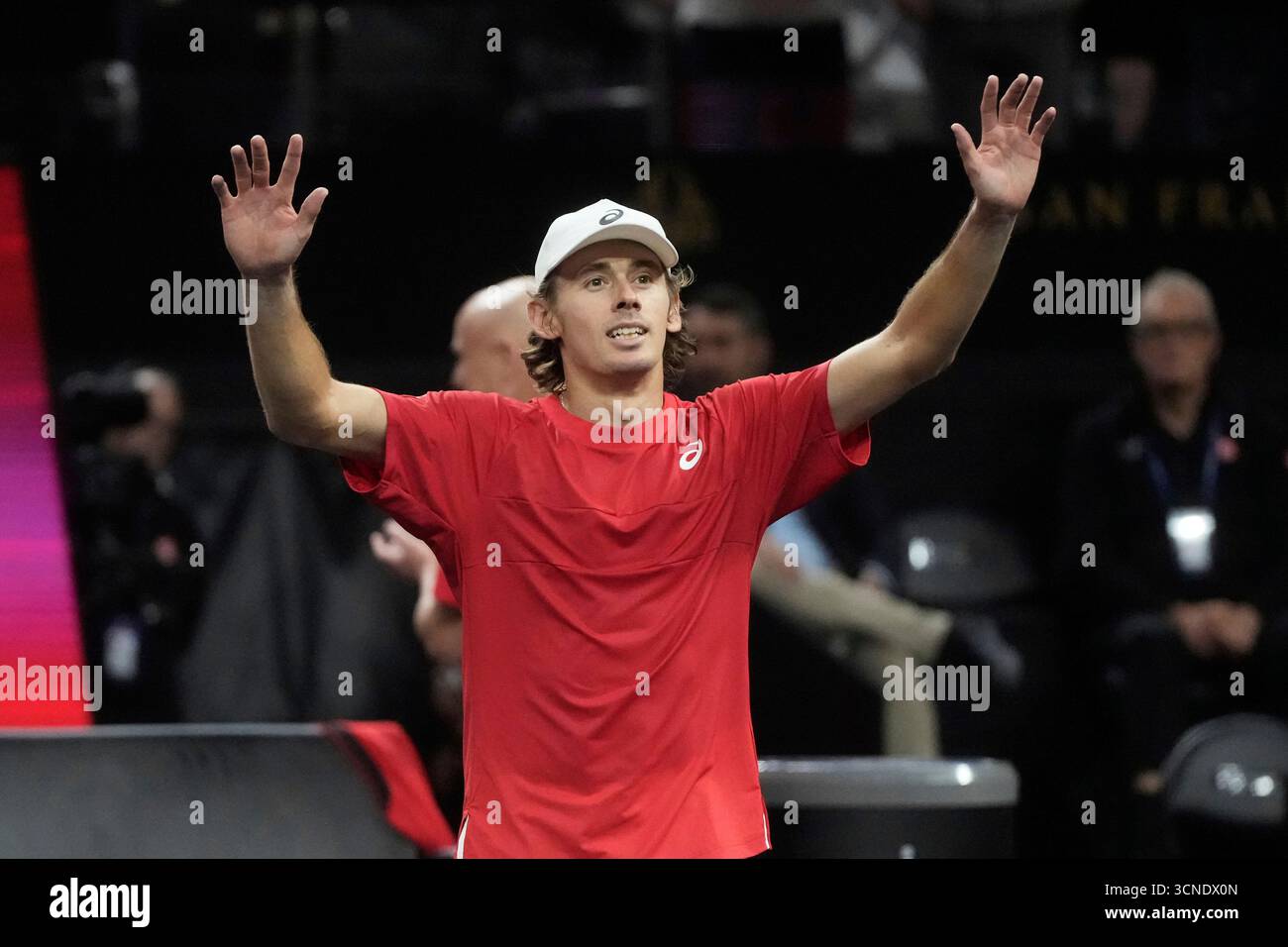 Team World's Alex de Minaur, of Australia, celebrates after winning a ...