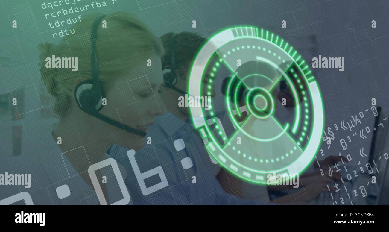 Talking woman wearing blouse handling call at call center, with headset ...