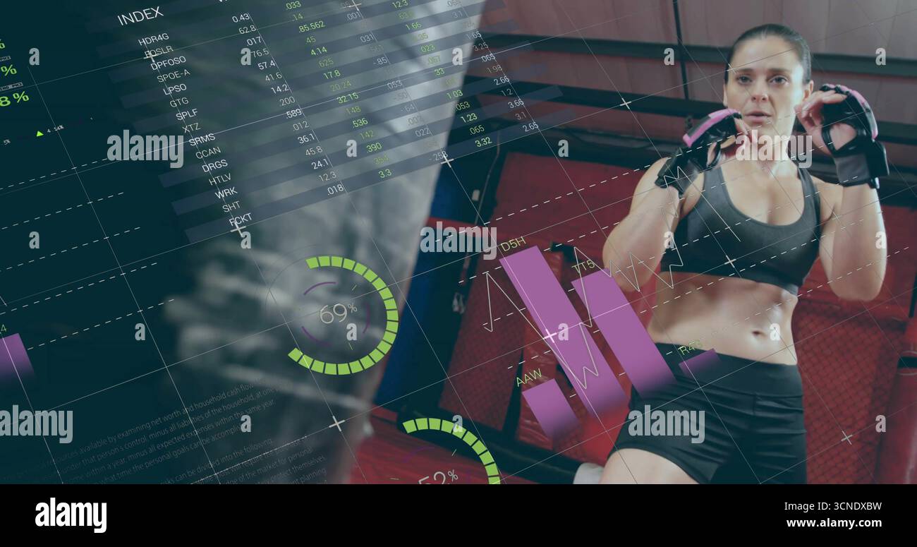 Punching heavy bag at MMA gym wearing fingerless gloves, with digital ...