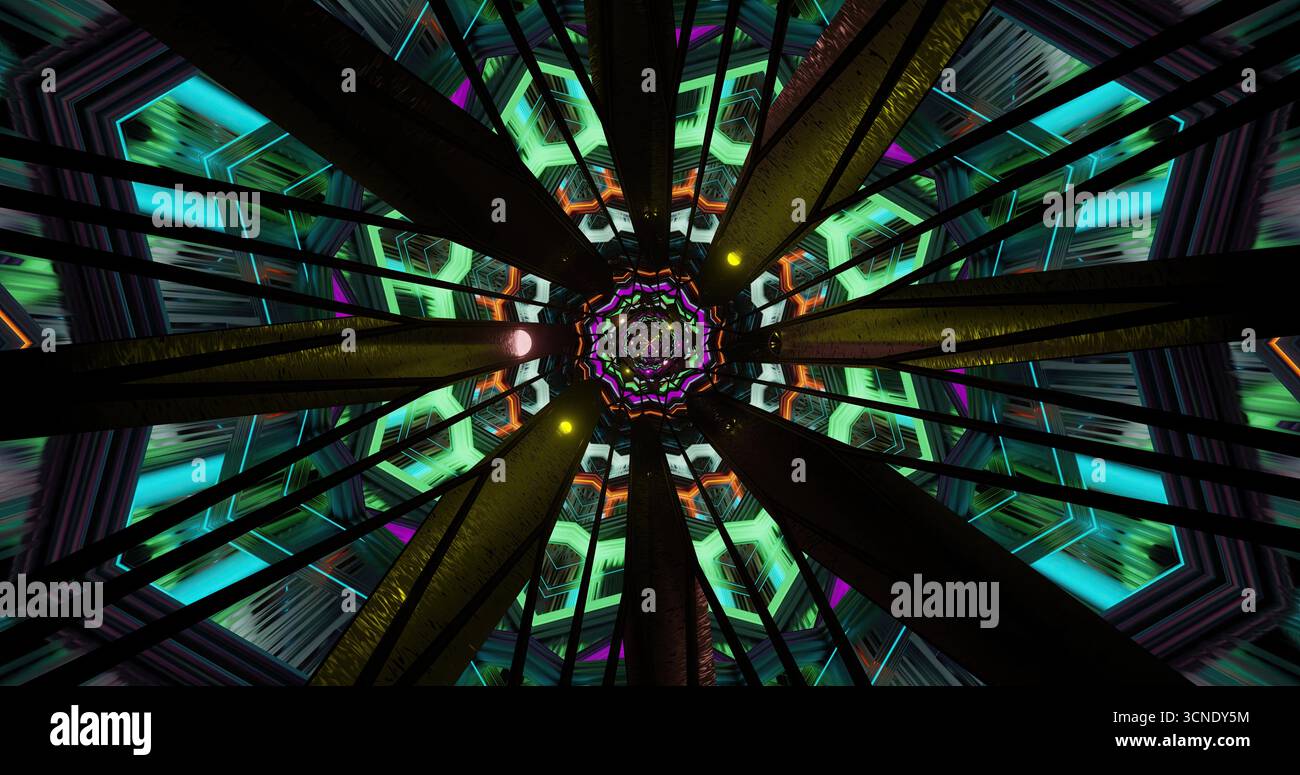 An intricate tunnel view showcases vibrant geometric patterns and ...