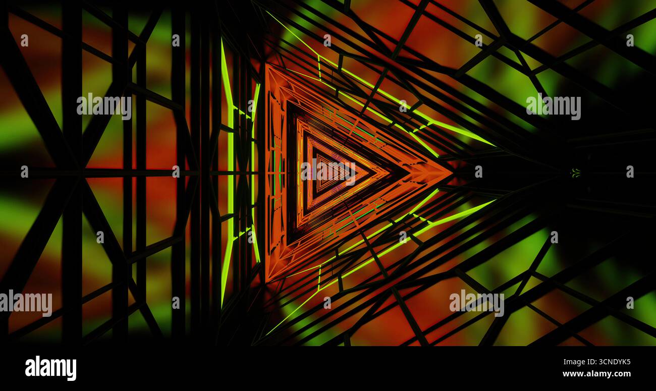 Bright triangular patterns emerge in vivid orange and green hues ...