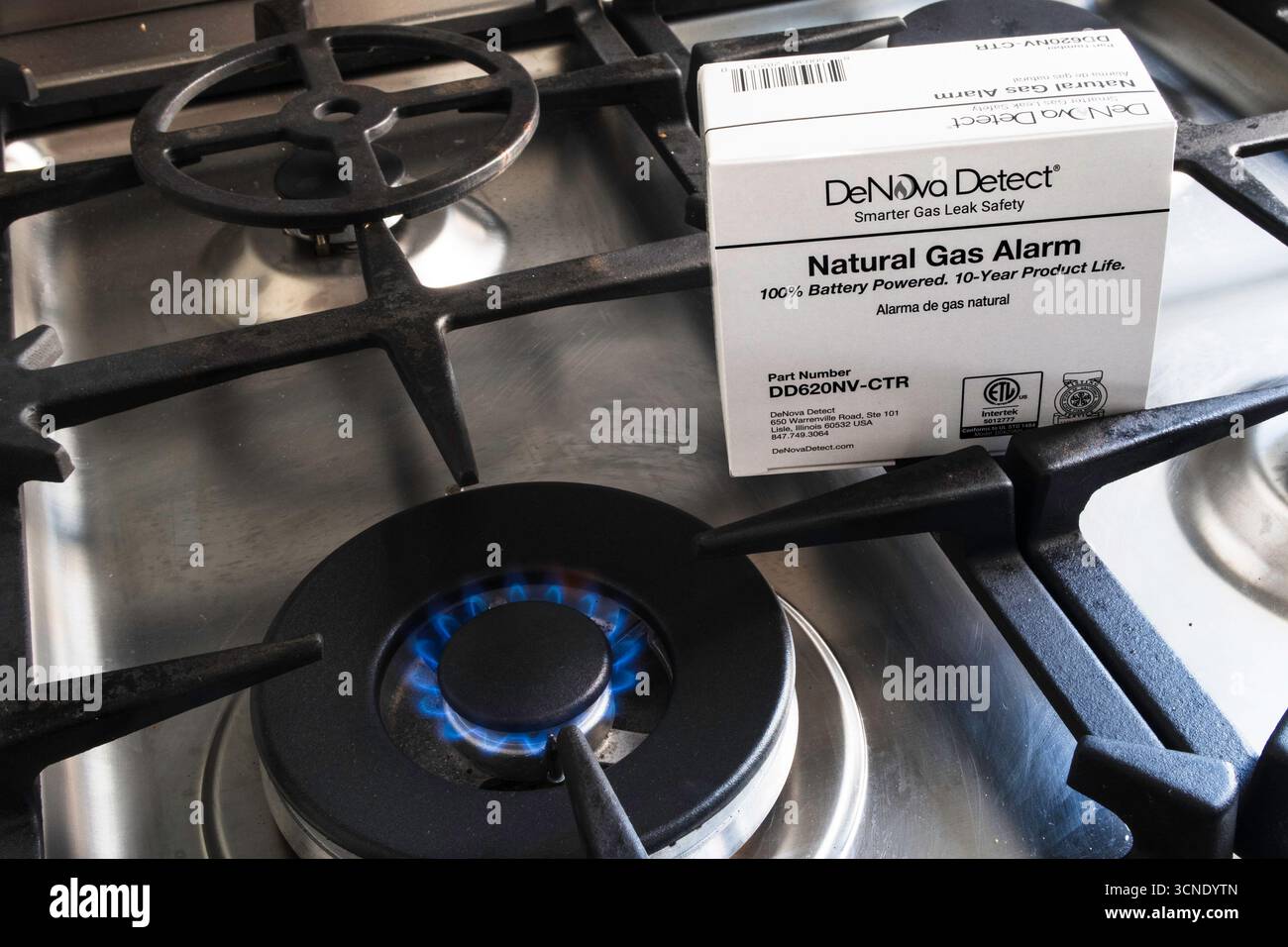 Close-up of a natural gas alarm package that is battery powered with a ...