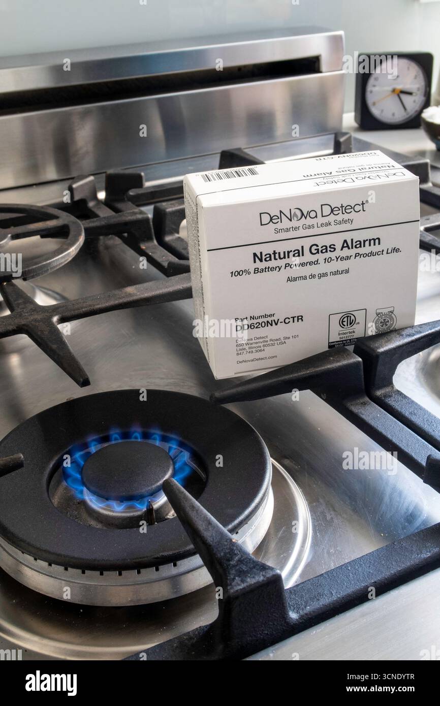 Close-up of a natural gas alarm package that is battery powered with a ...