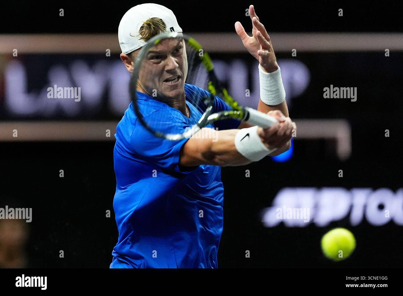 Team Europe's Holger Rune, of Denmark, returns a shot against Team ...