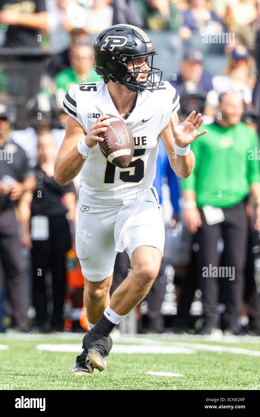 September 20, 2025: Purdue quarterback Ryan Browne (15) rolls out with ...
