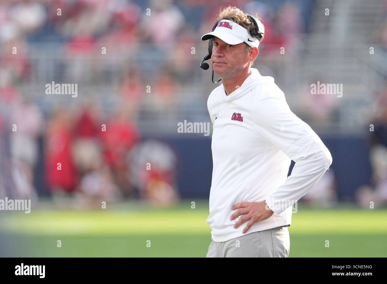 Mississippi head coach Lane Kiffin looks downfield at his team during ...