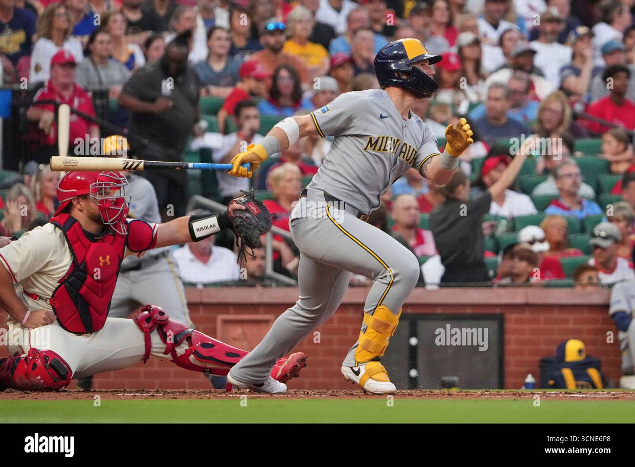 Milwaukee Brewers' Jake Bauers doubles during the second inning of a ...