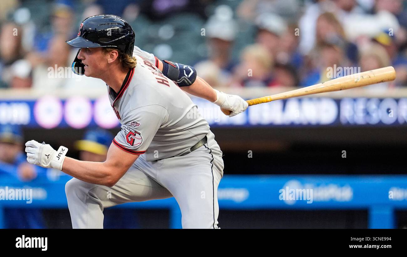 Cleveland Guardians' Petey Halpin (0) bats in the in the third inning ...