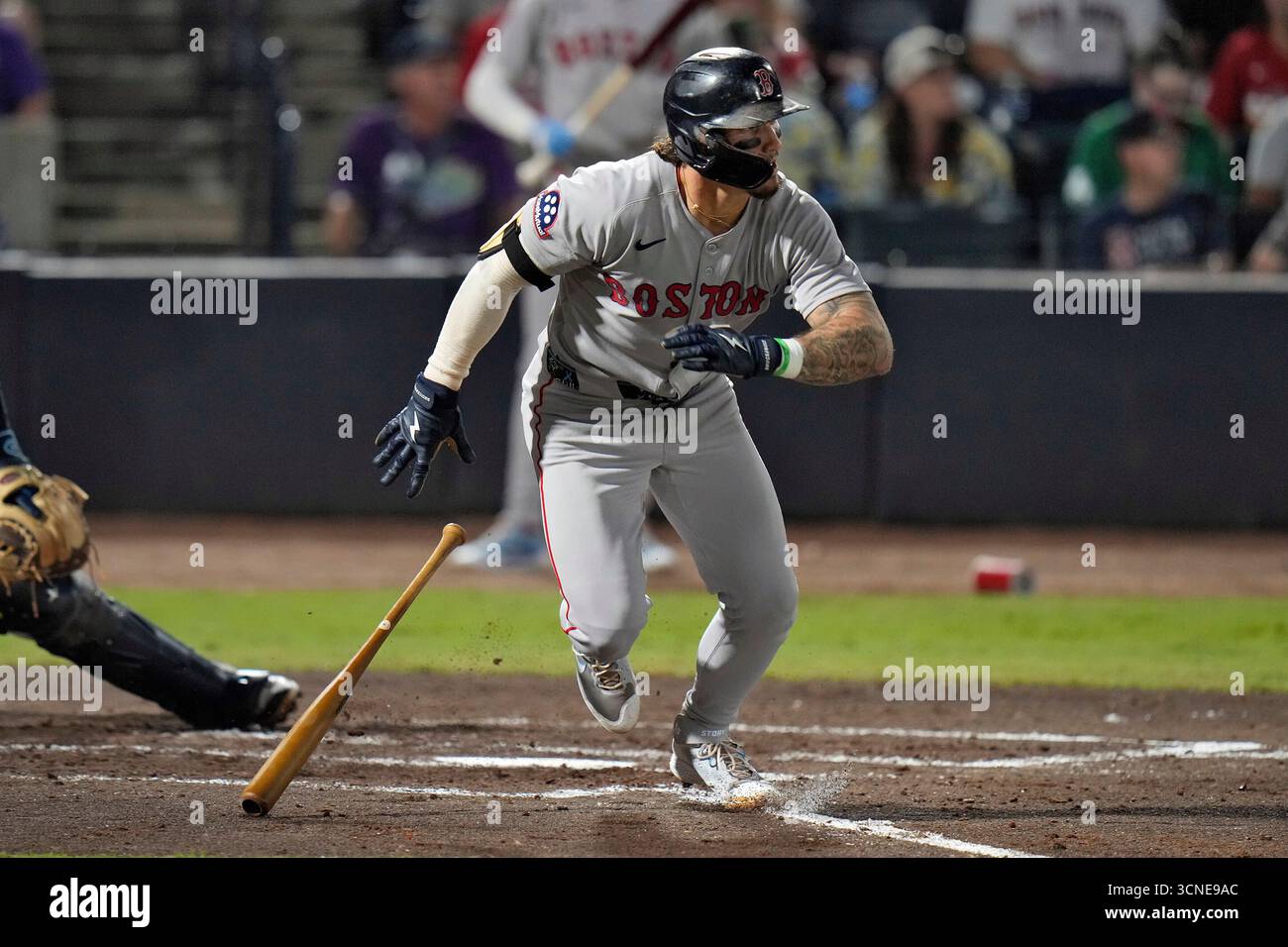 Boston Red Sox's Jarren Duran hits a single off Tampa Bay Rays pitcher ...