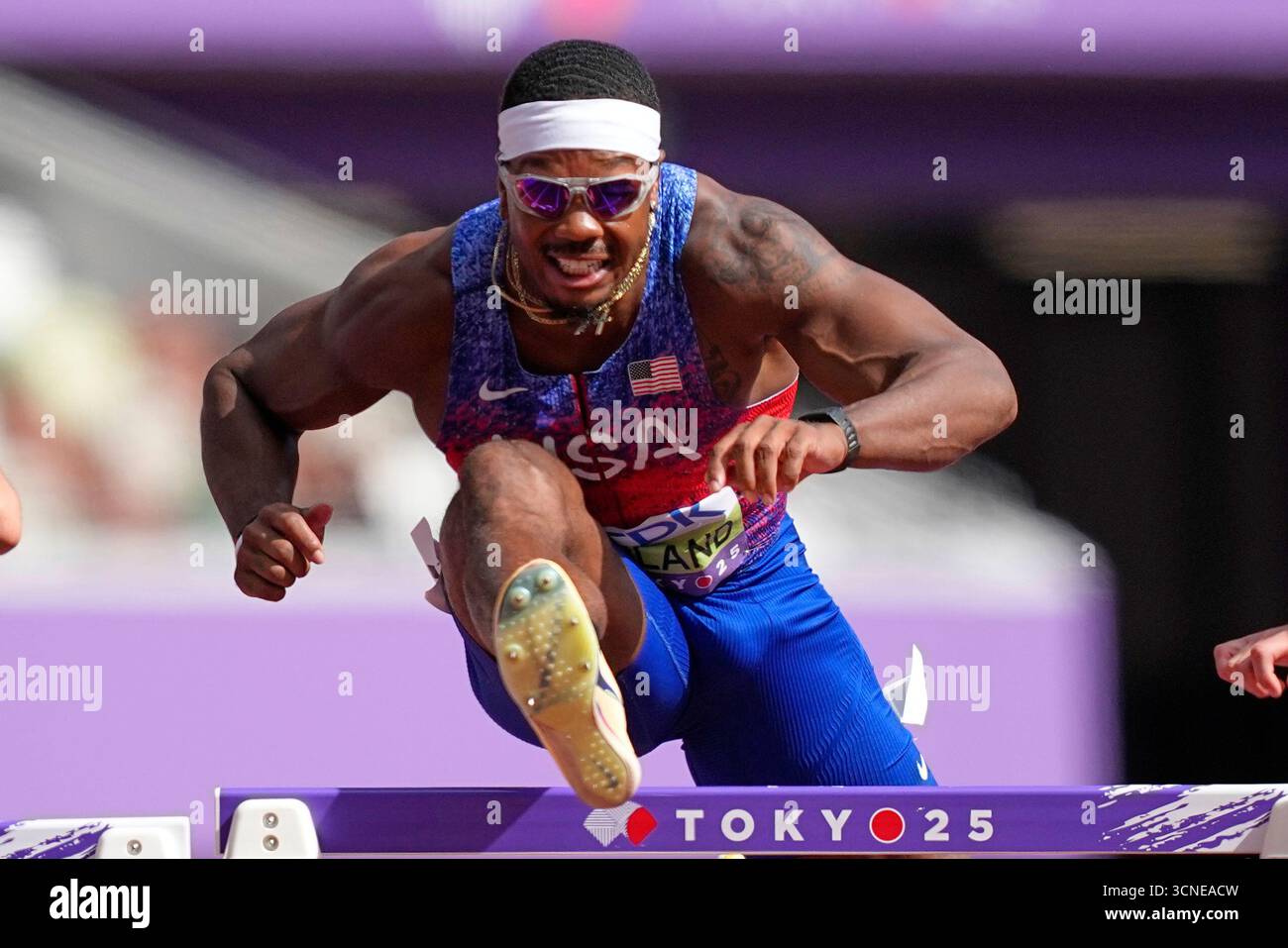 United States' Kyle Garland competes in the decathlon 110 meters ...