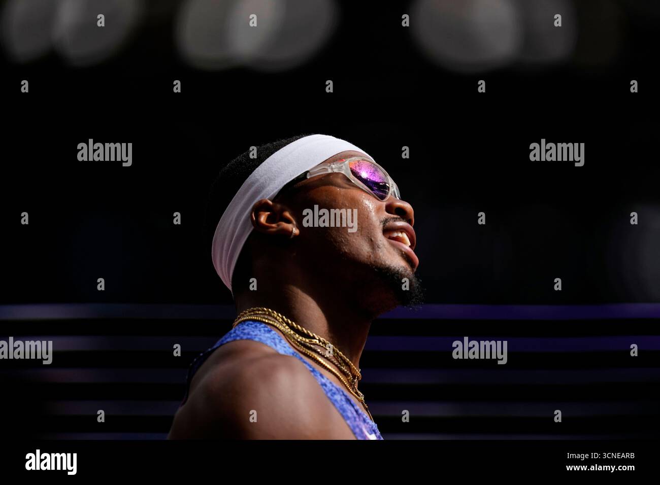 United States' Kyle Garland looks up after finishing the decathlon 110 ...