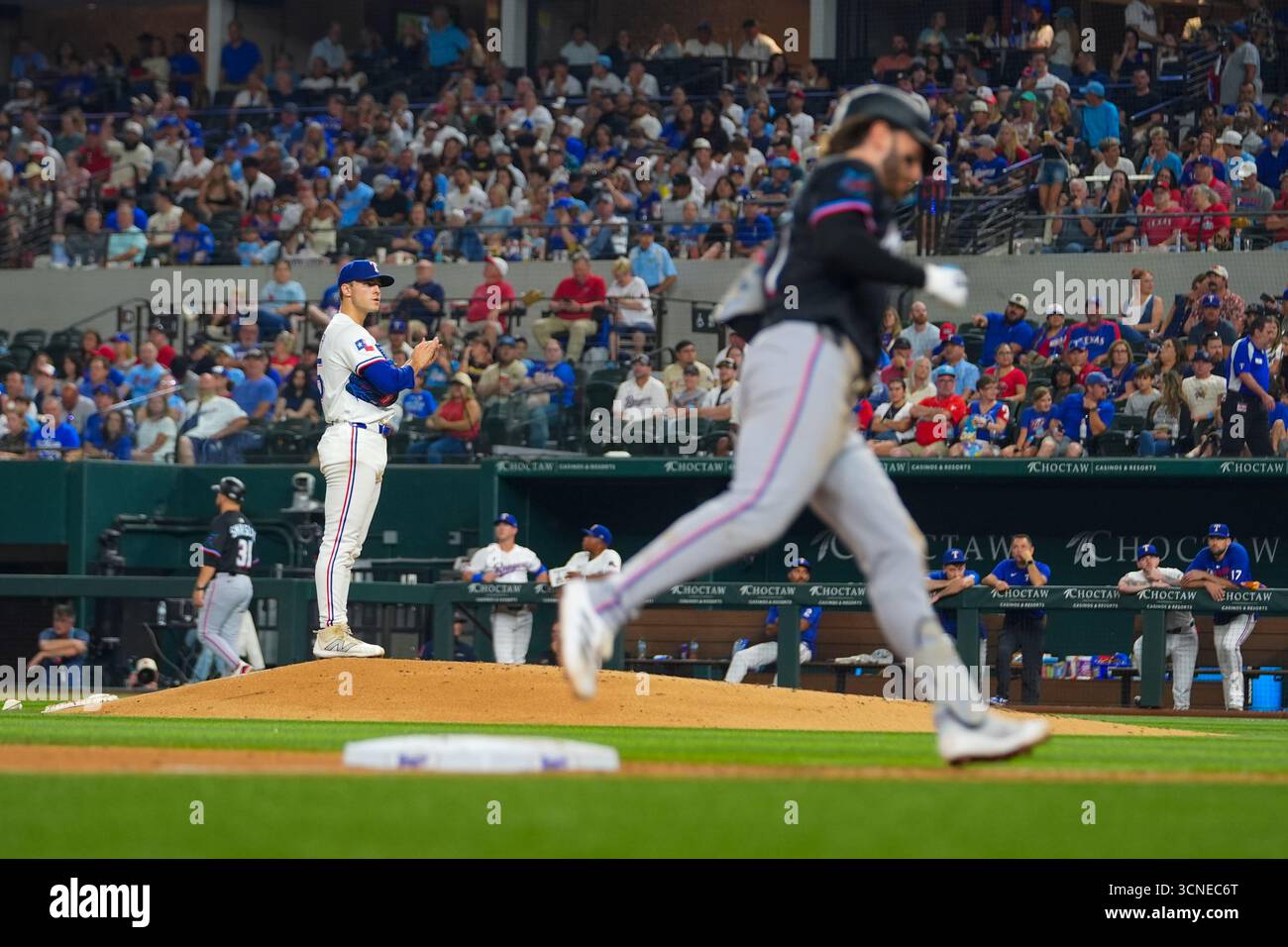 Miami Marlins' Connor Norby, right, runs the bases after hitting a solo ...