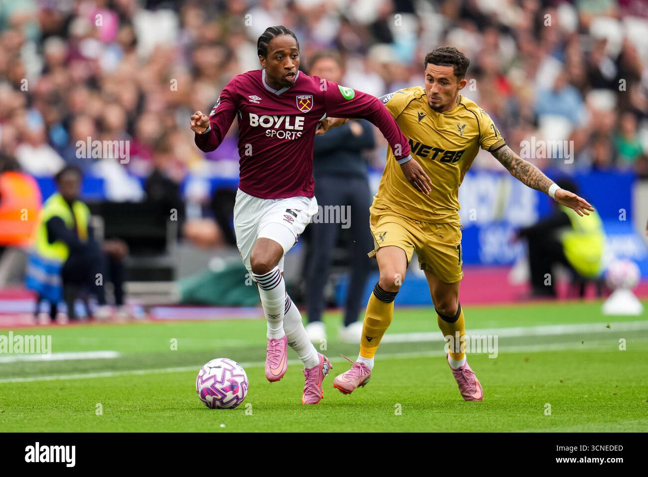 Kyle Walker-Peters of West Ham United and Yeremy Pino of Crystal Palace ...
