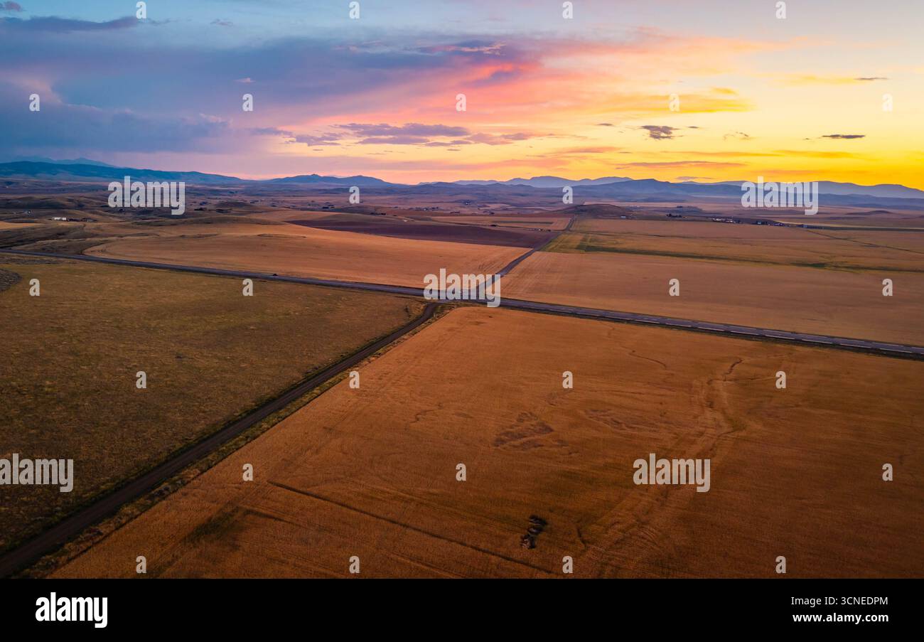 A scenic aerial view of the Montana Great Plains and prairie land at ...