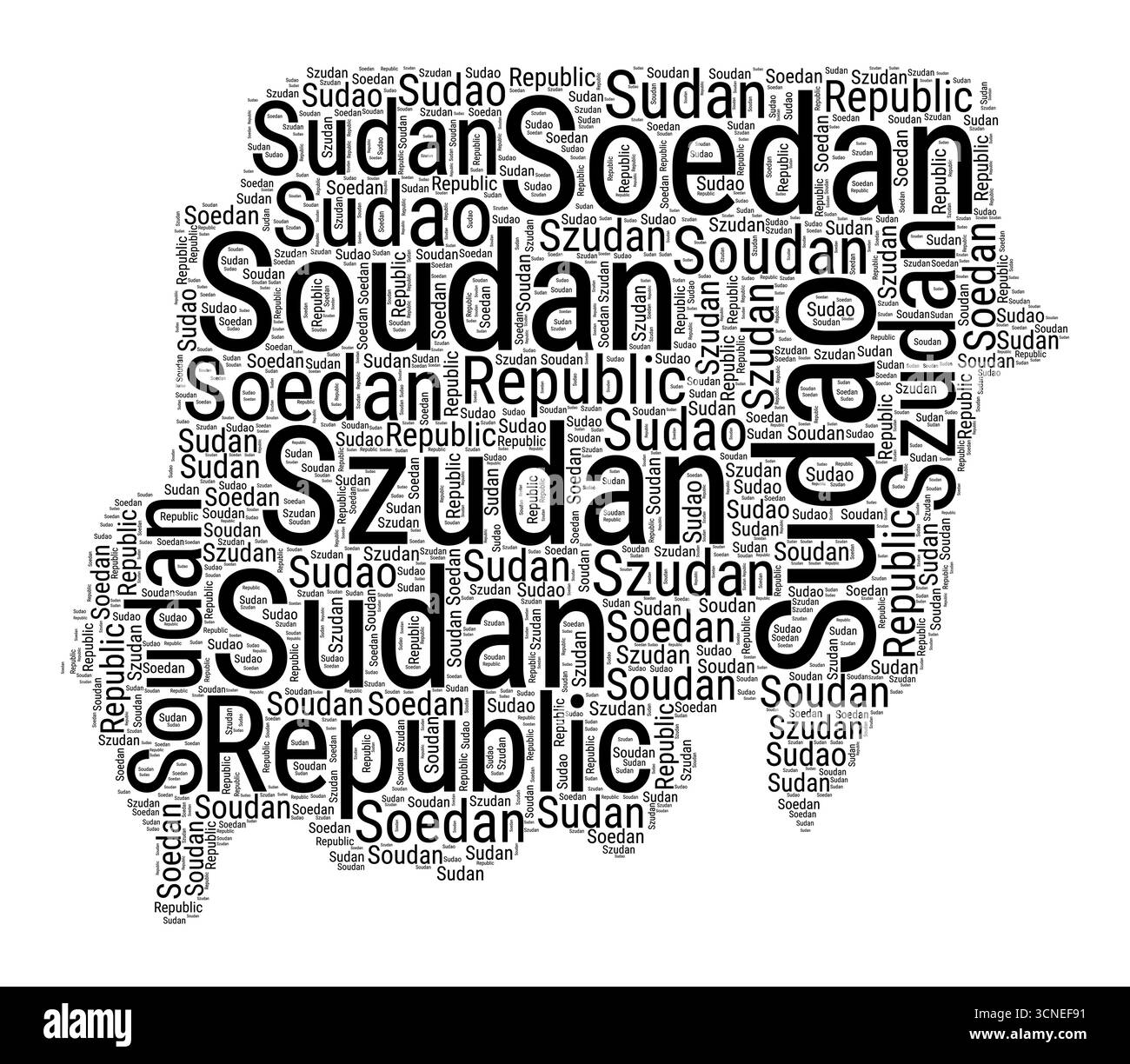 Black and white word cloud in Sudan shape. Simple typography style ...