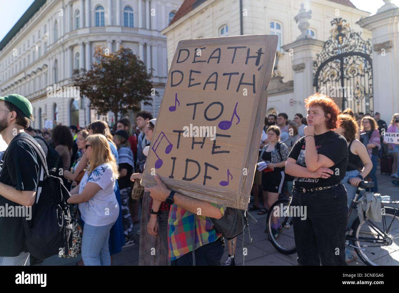 A protester holds a placard saying "Death Death to the IDF" during the ...