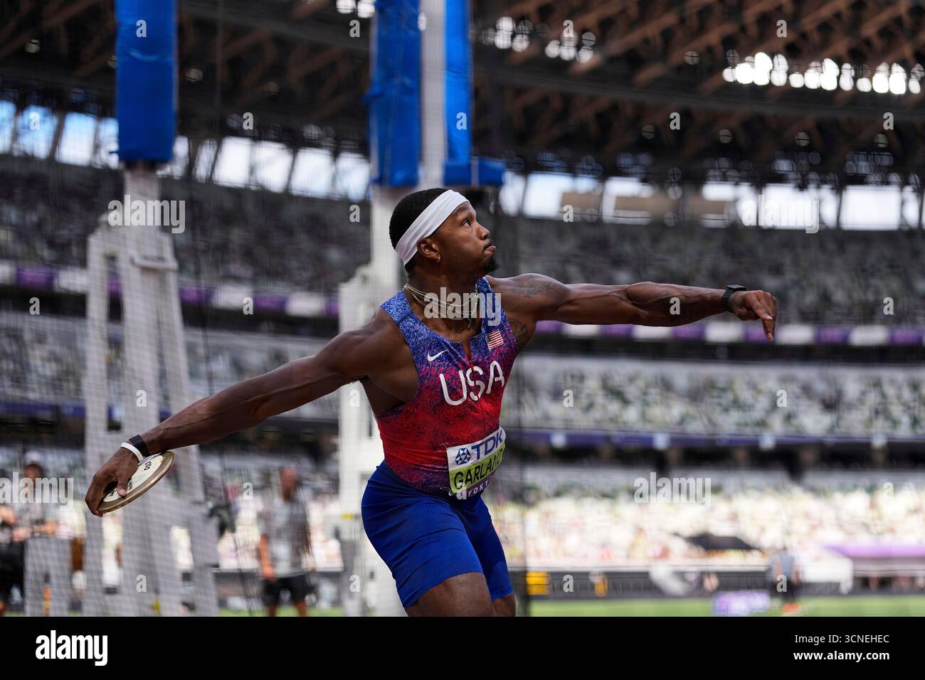 United States' Kyle Garland makes an attempt in the decathlon discus ...