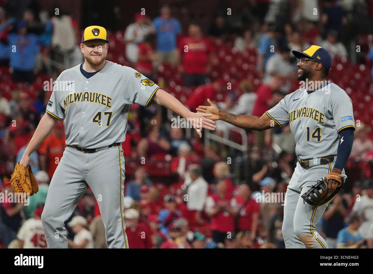 Milwaukee Brewers' Jared Koenig (47) and Andruw Monasterio (14 ...