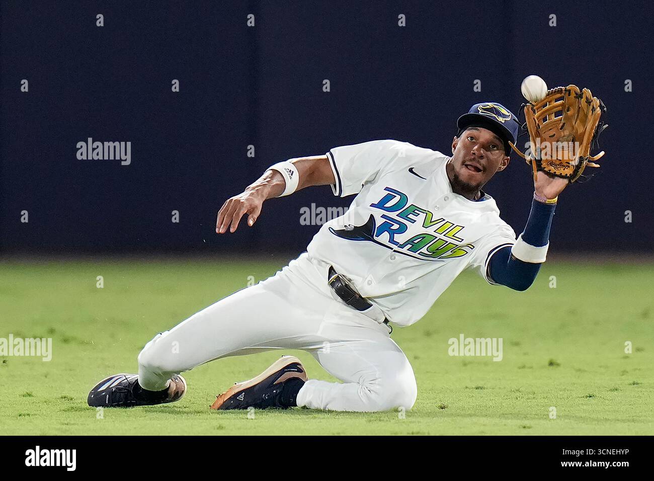 Tampa Bay Rays outfielder Chandler Simpson makes a sliding catch on a ...