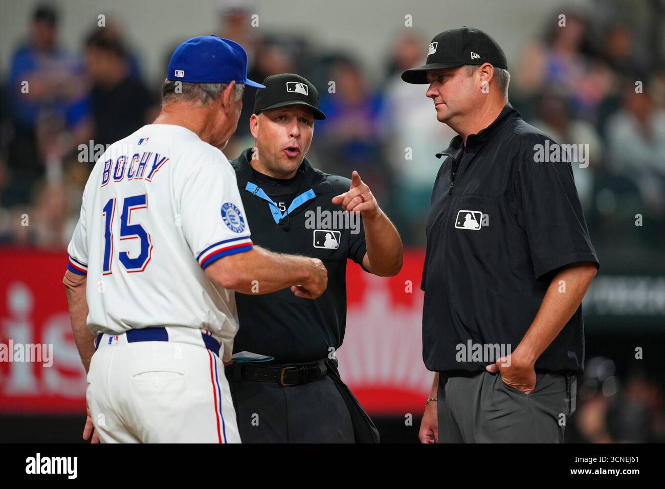 Texas Rangers manager Bruce Bochy (15) argues with home plate umpire ...