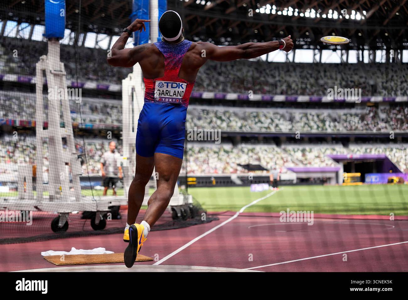 United States' Kyle Garland makes an attempt in the decathlon discus ...