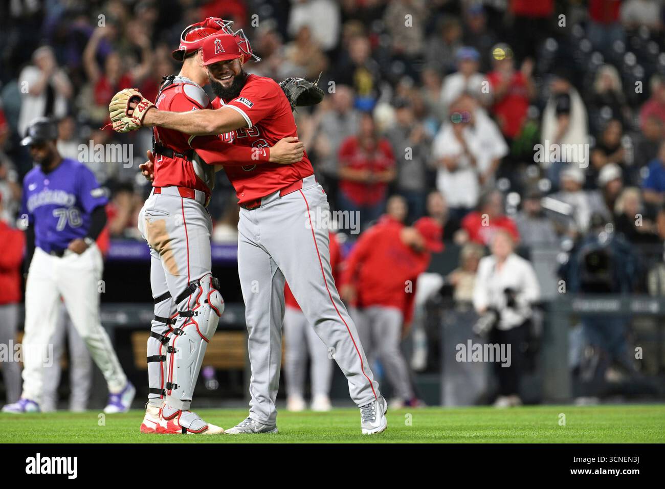 Los Angeles Angels catcher Logan O'Hoppe, left, and pitcher Luis García ...