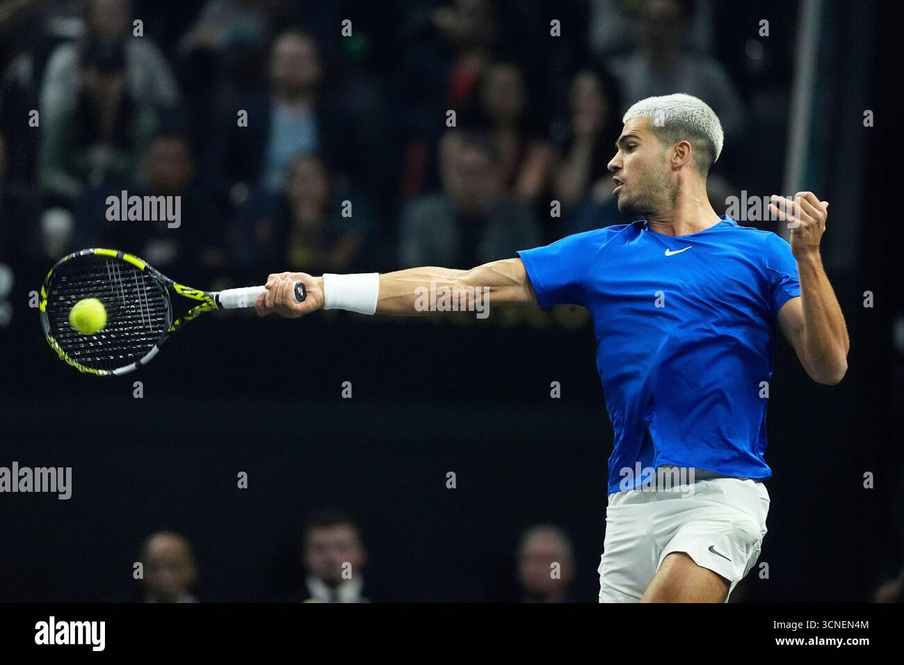 Team Europe's Carlos Alcaraz, of Spain, returns a shot against Team ...