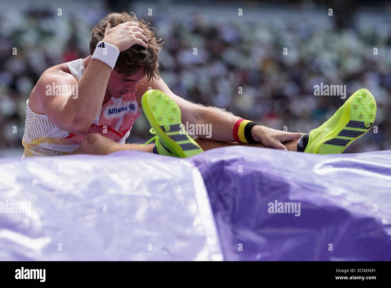 Belgium's Jente Hauttekeete reacts in the decathlon pole vault at the ...