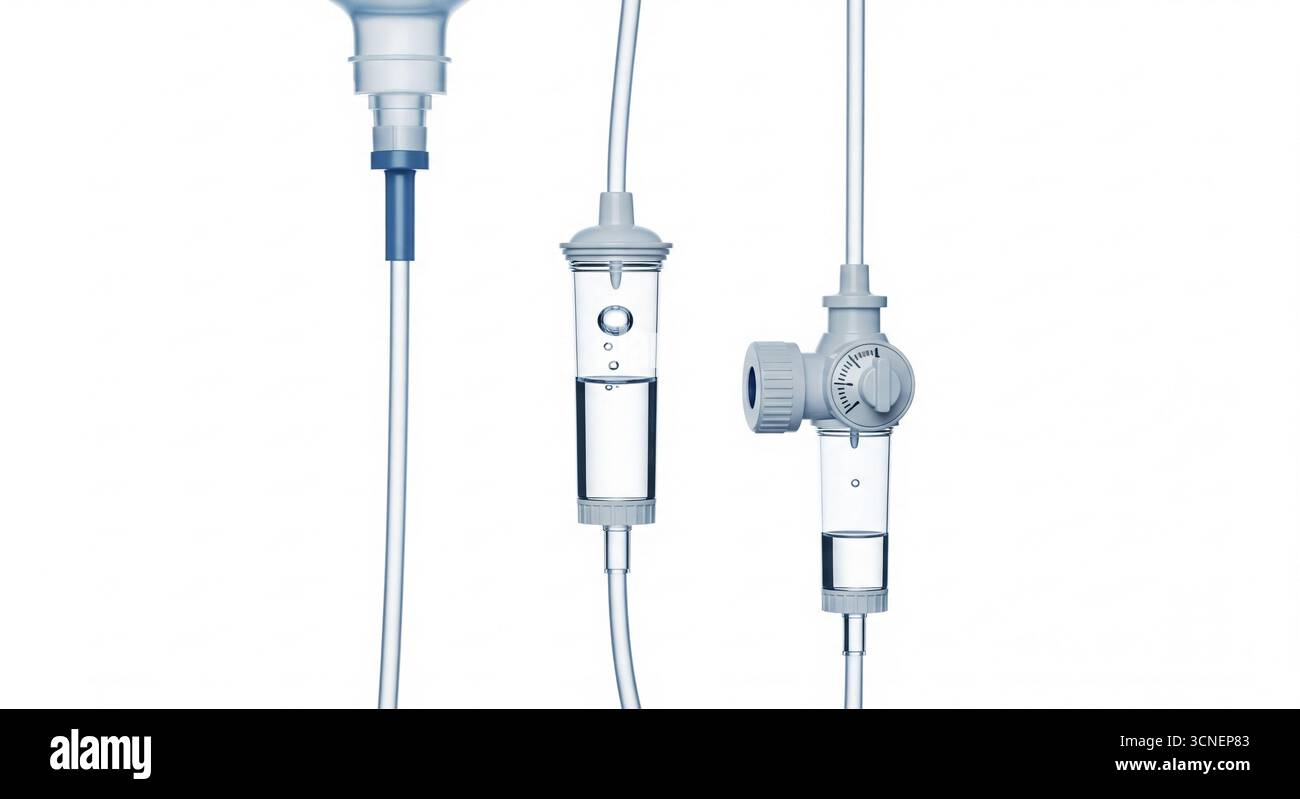 Sterile IV drip set, transparent fluid-filled chamber, flexible tubing ...