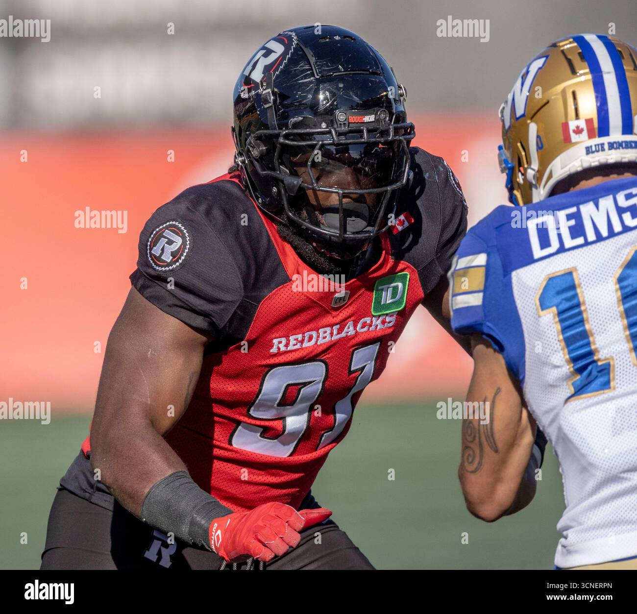 Ottawa, Canada. 20 Sep 2025. Bryce CARTER (91) of the Ottawa Redblacks ...