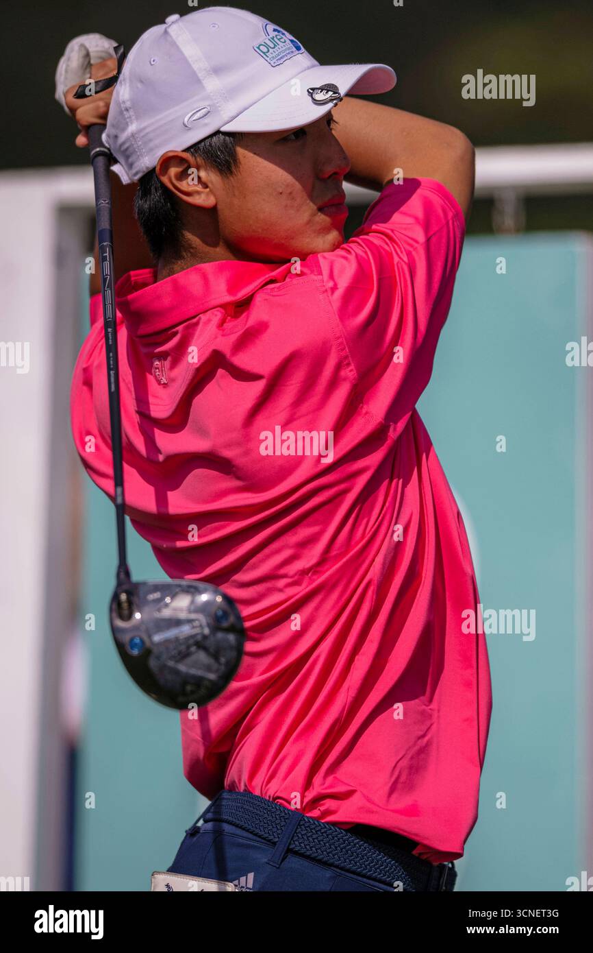 PEBBLE BEACH, CA - SEPTEMBER 20: Charles Liu tees off during round 2 at ...