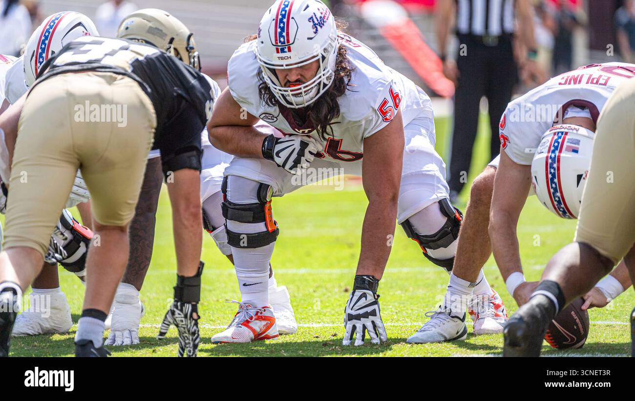 Virginia Tech offensive lineman Layth Ghannam (56) ready to block for a ...