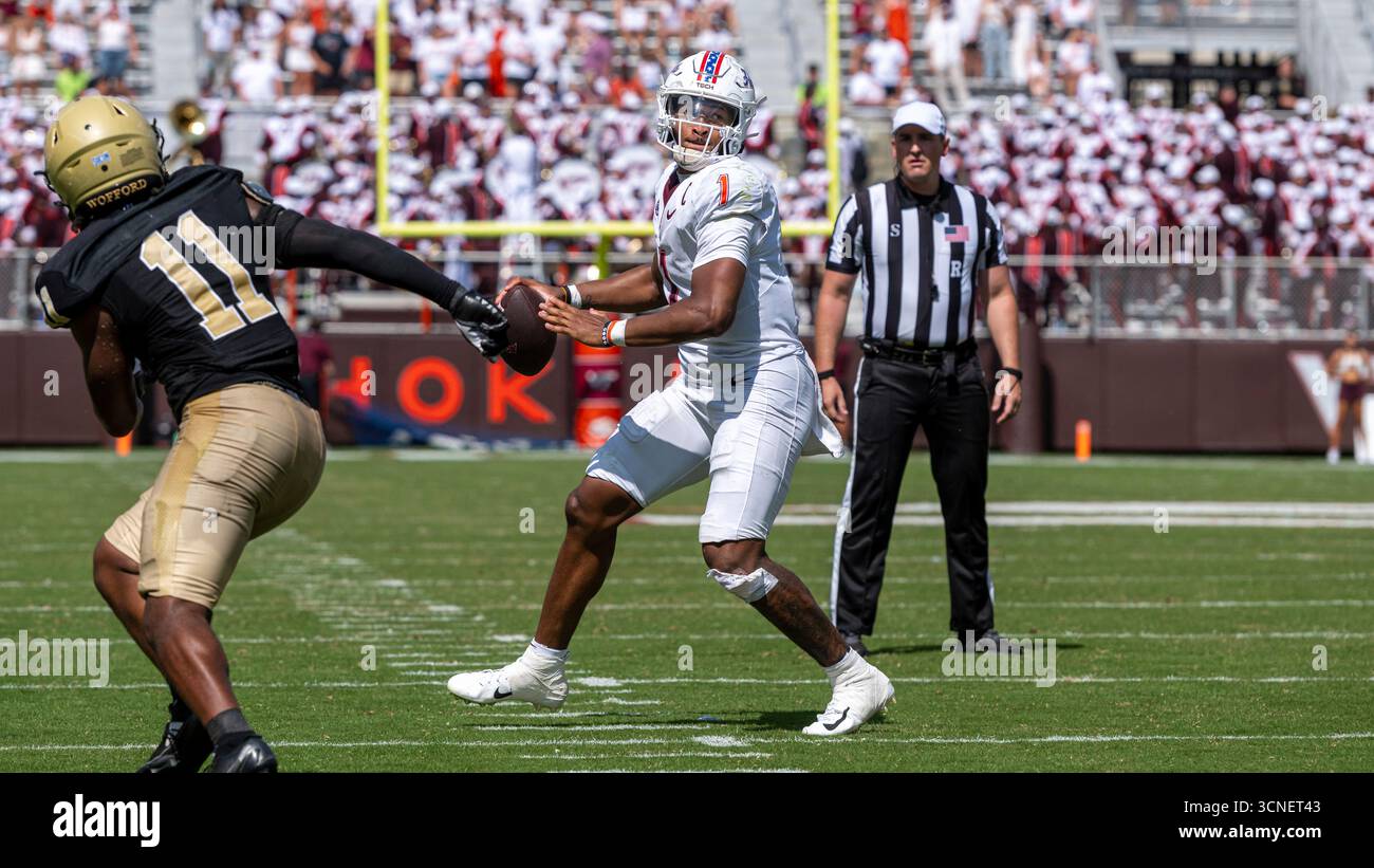 Virginia Tech quarterback Kyron Drones (1) looks to pass downfield ...