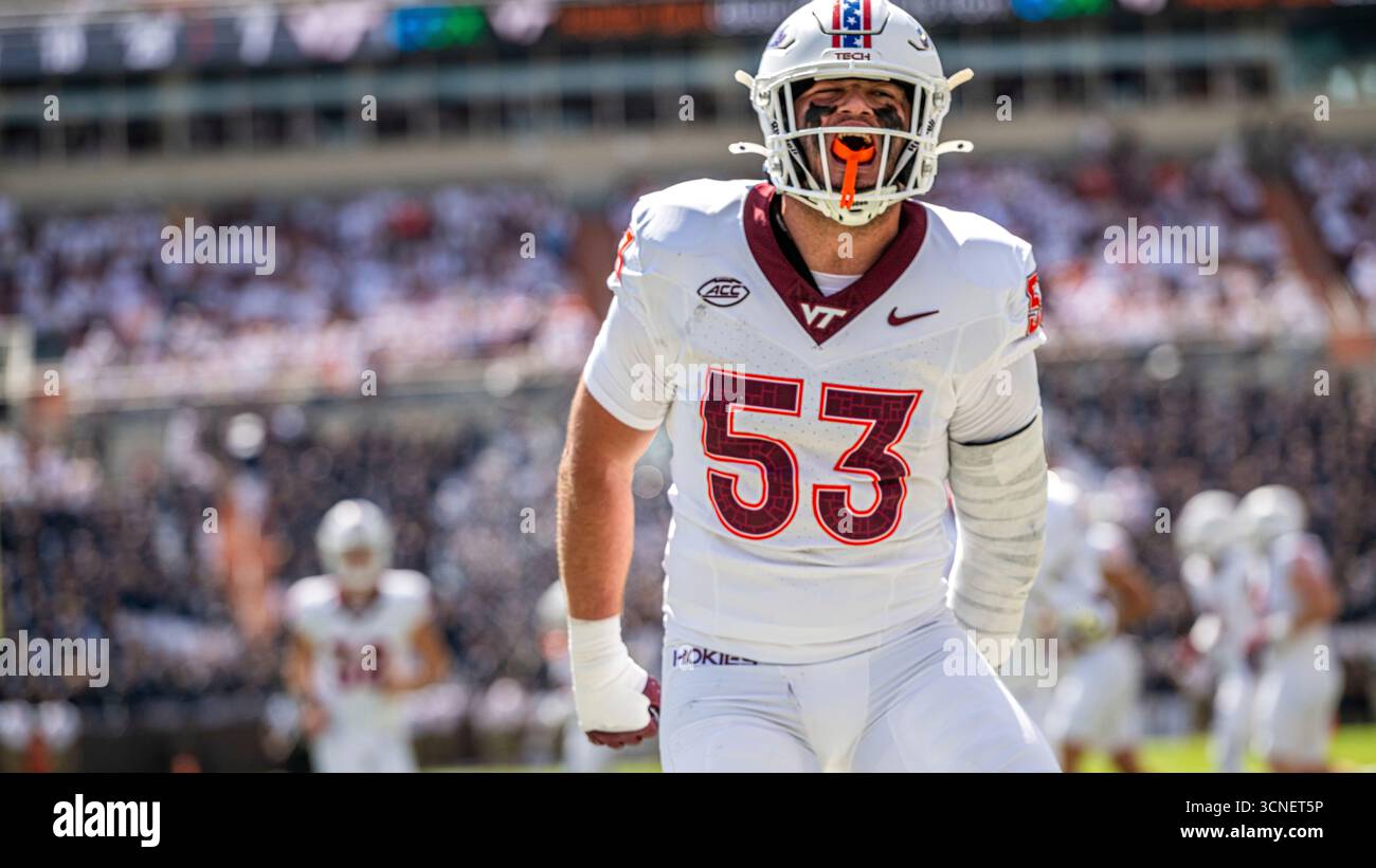 Virginia Tech linebacker Will Johnson (53) celebrates after kick off ...