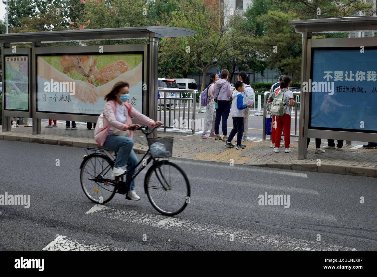A general view showing a lady raiding ‌the bike at the road on ...