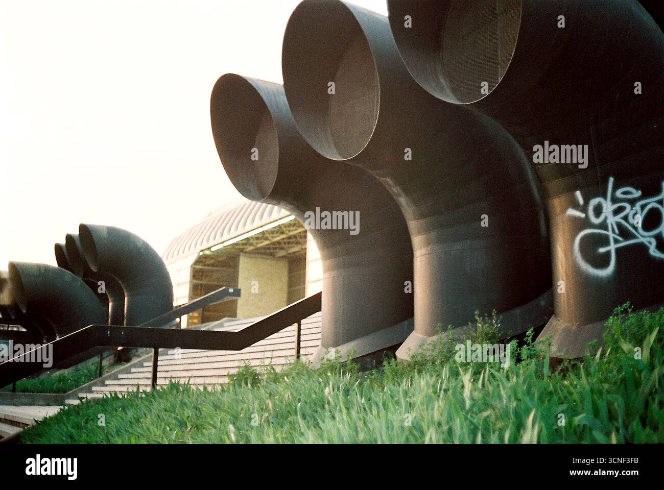 Analog photo of futuristic ventilation ducts on SPENS shopping center ...