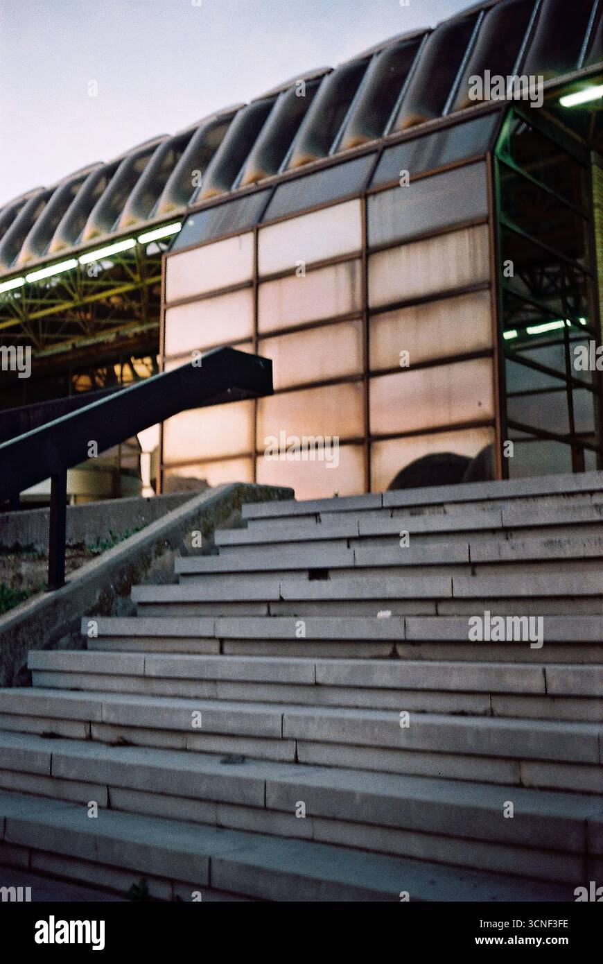 Afternoon analog photo of SPENS concrete staircase in Novi Sad. Harsh ...