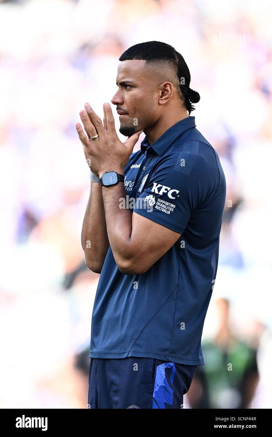 Stephen Crichton of the Bulldogs watches on during the warm up ahead of ...