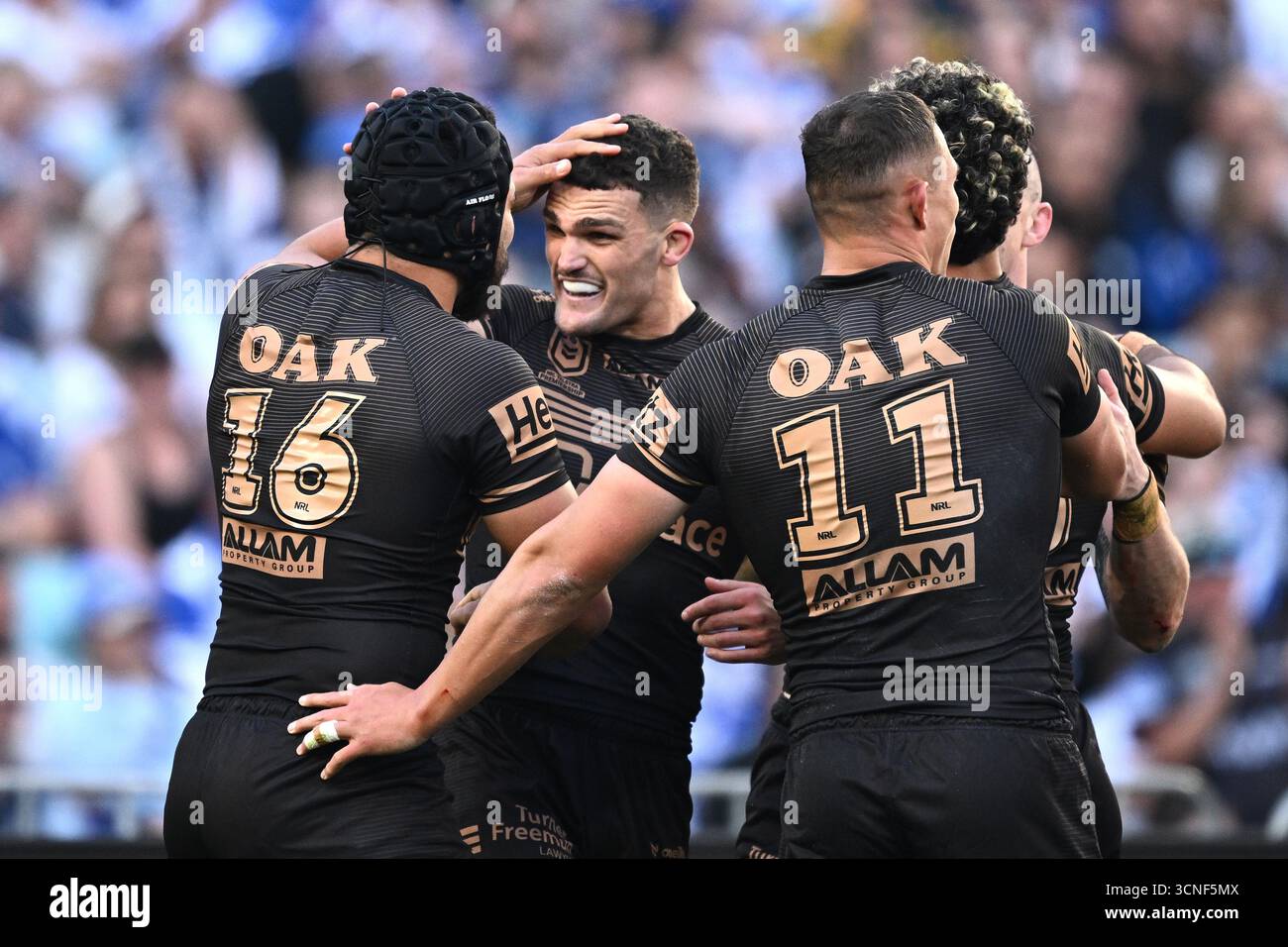 Nathan Cleary of the Panthers (centre) celebrates with teammates after ...