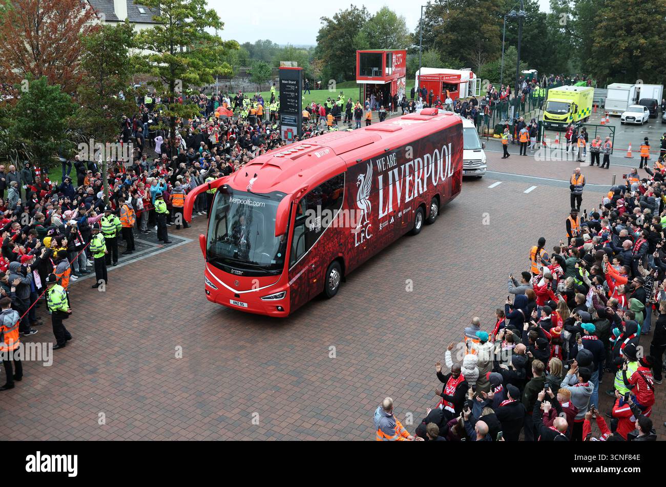 Liverpool, England, 20th September 2025. The Liverpool team bus arrives ...