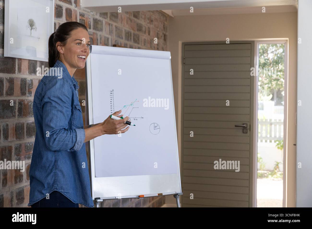 Woman standing beside flipchart easel holding markers explaining line ...